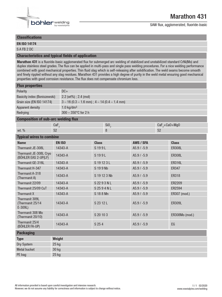 Datasheet Marathon 431 SAW Flux | PDF | Welding | Construction