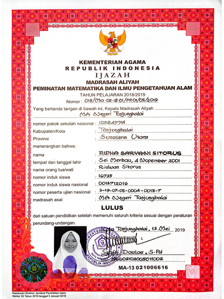 Ijazah SMA Ridha | PDF