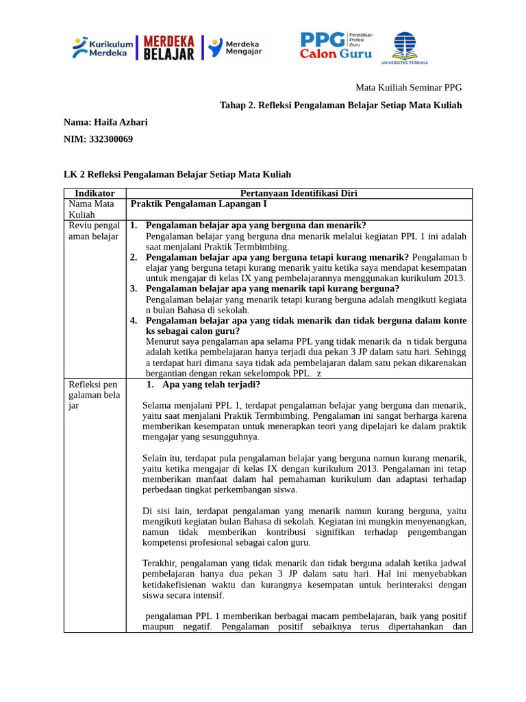 Tahap 2. Refleksi Pengalaman Belajar Setiap Mata Kuliah - PPL | PDF