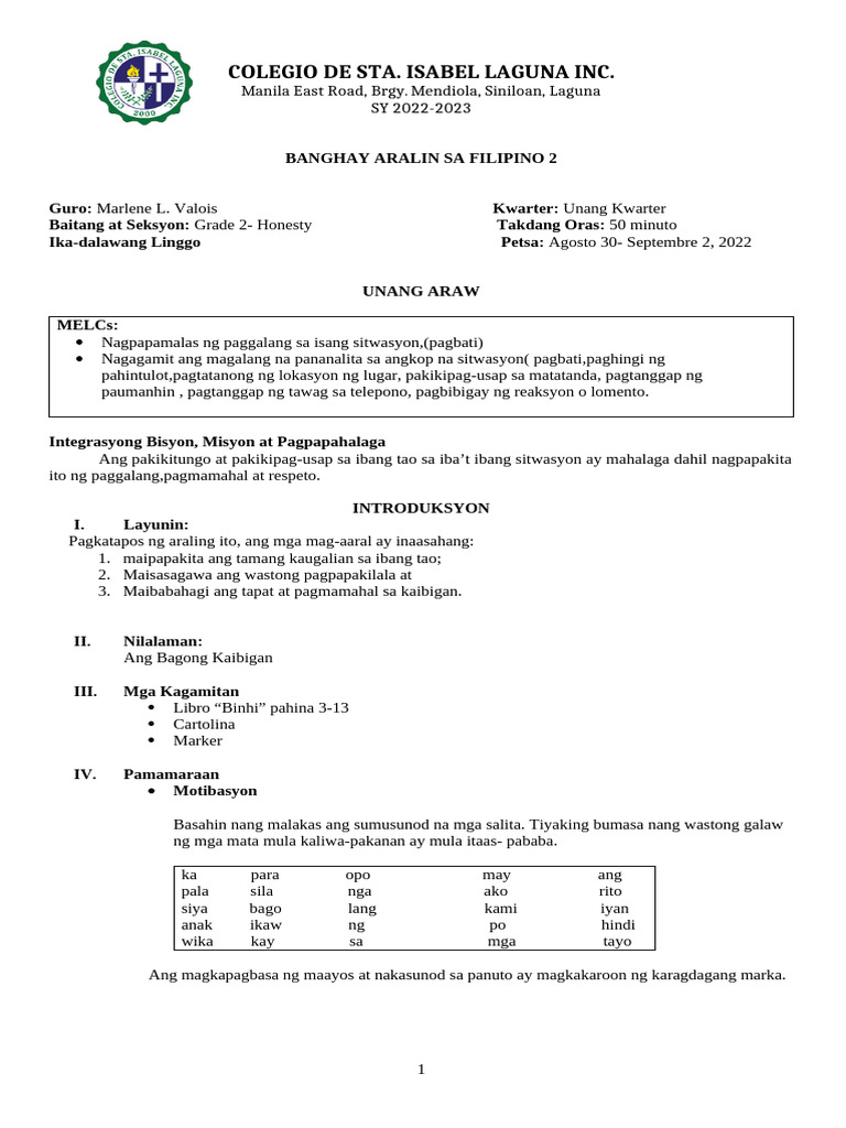 Grade 2 Learning Plan 1st Day | PDF