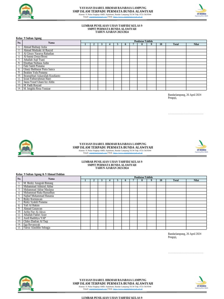 Lembar Penilaian Tahfidz Kelas 9 | PDF