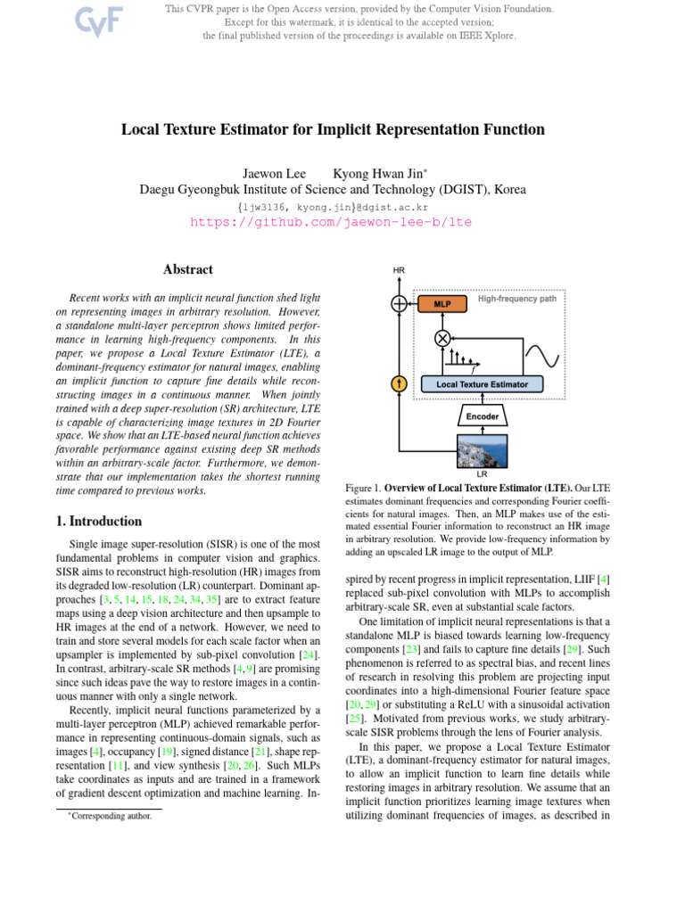 CVPR 2022 Local Texture Estimator For Implicit Representation Function | PDF | Fourier Transform ...