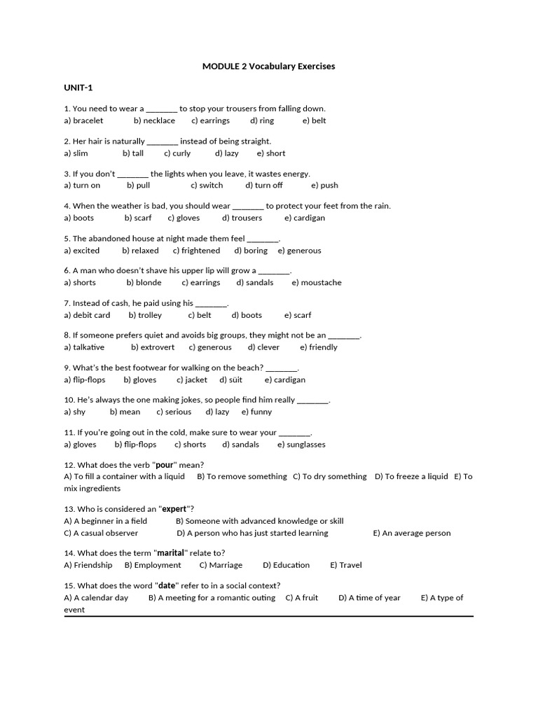 M2 Vocabulary Exercises | PDF | Meal | Baggage