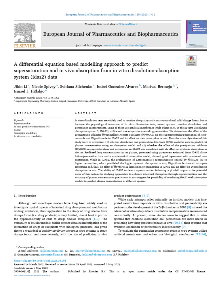 A differential equation based modelling approach to predict supersaturation and in vivo ...