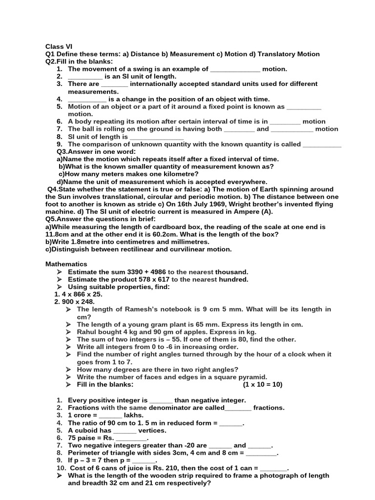 Class VI Motion and Measurement Concepts | PDF | Measurement | Length