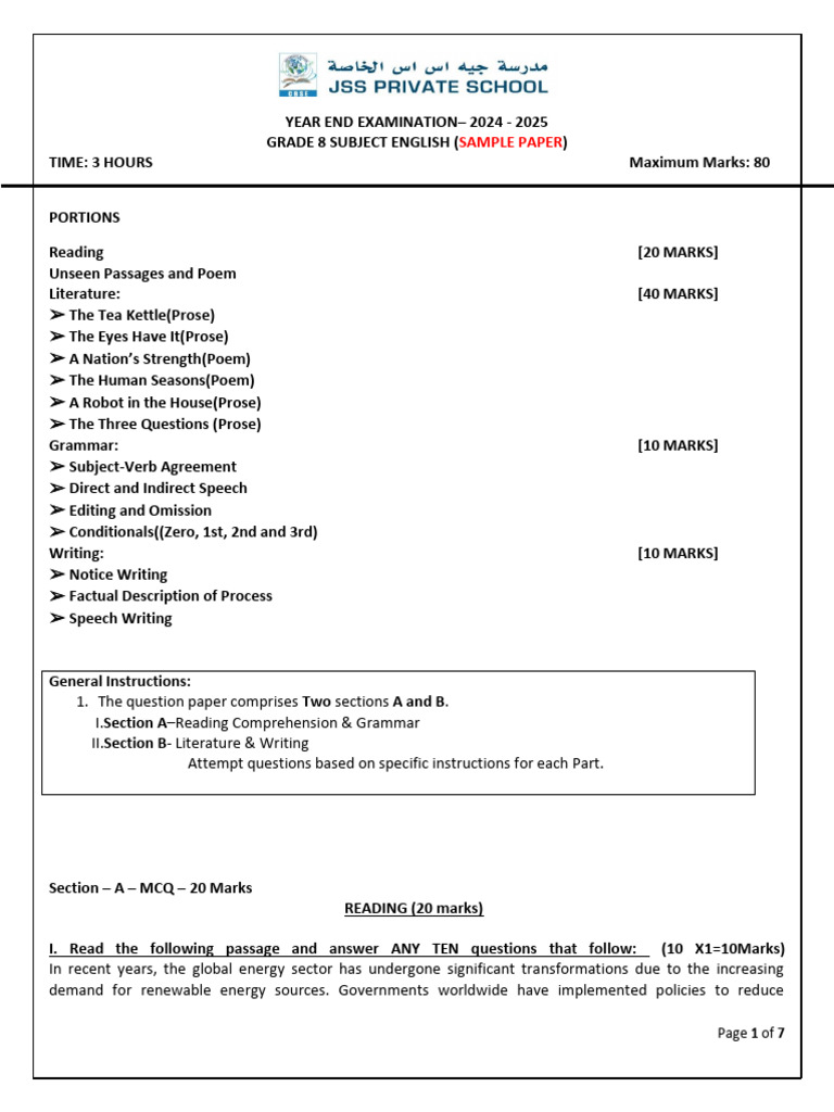 English Sample Paper - Final Exam Grade 8 (1) 2 | PDF | Renewable ...