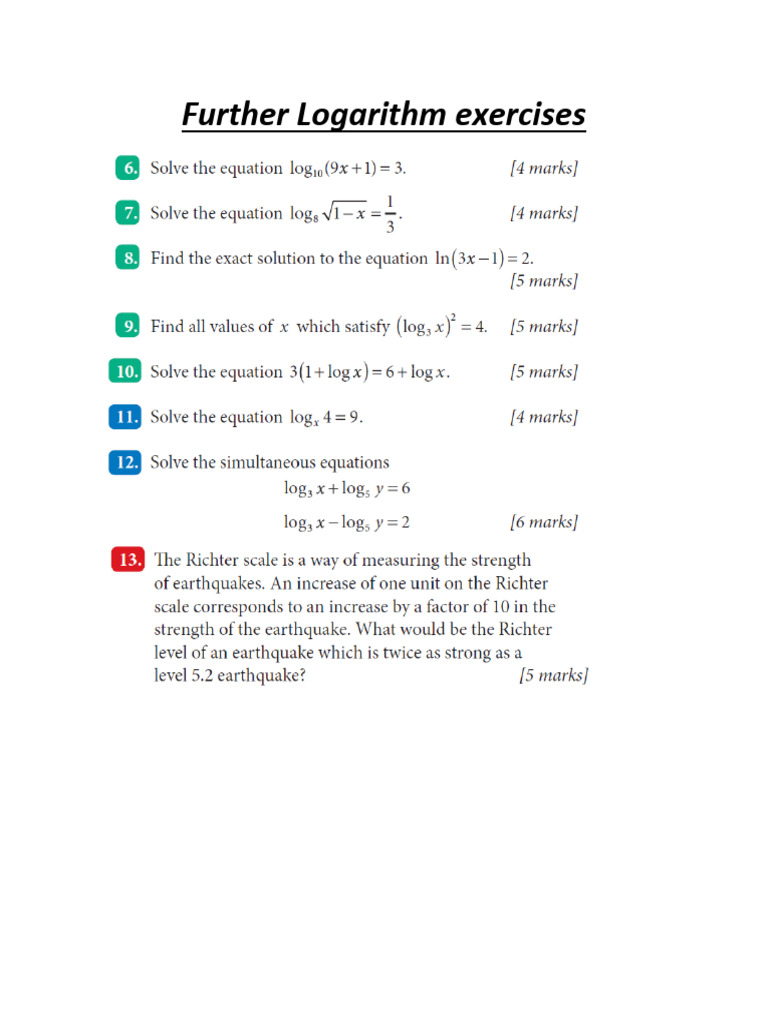 Math SL logarithm exercises IB International Baccalaureate | PDF