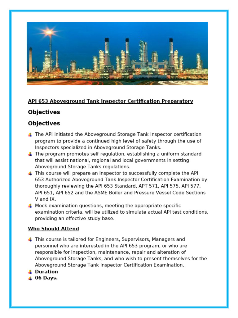 API 653 Aboveground Tank Inspector Certification Preparatory | PDF ...