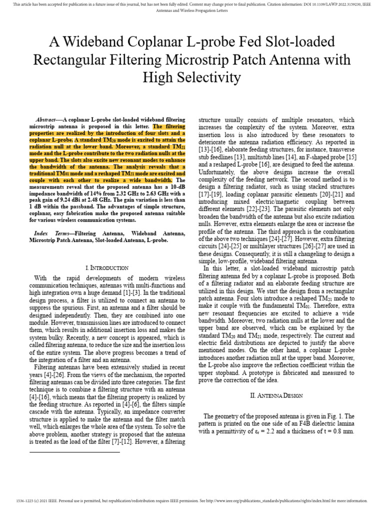 A Wideband Coplanar L-Probe Fed Slot-Loaded Rectangular Filtering ...