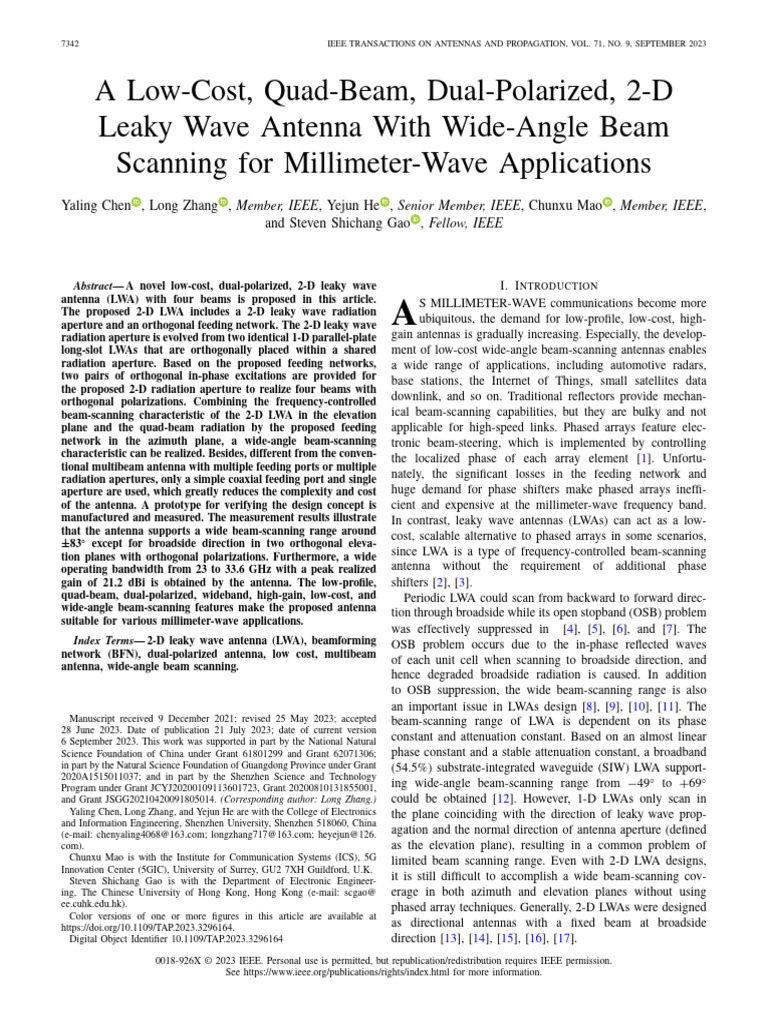 A Low-Cost Quad-Beam Dual-Polarized 2-D Leaky Wave Antenna With Wide-Angle Beam | PDF | Antenna ...