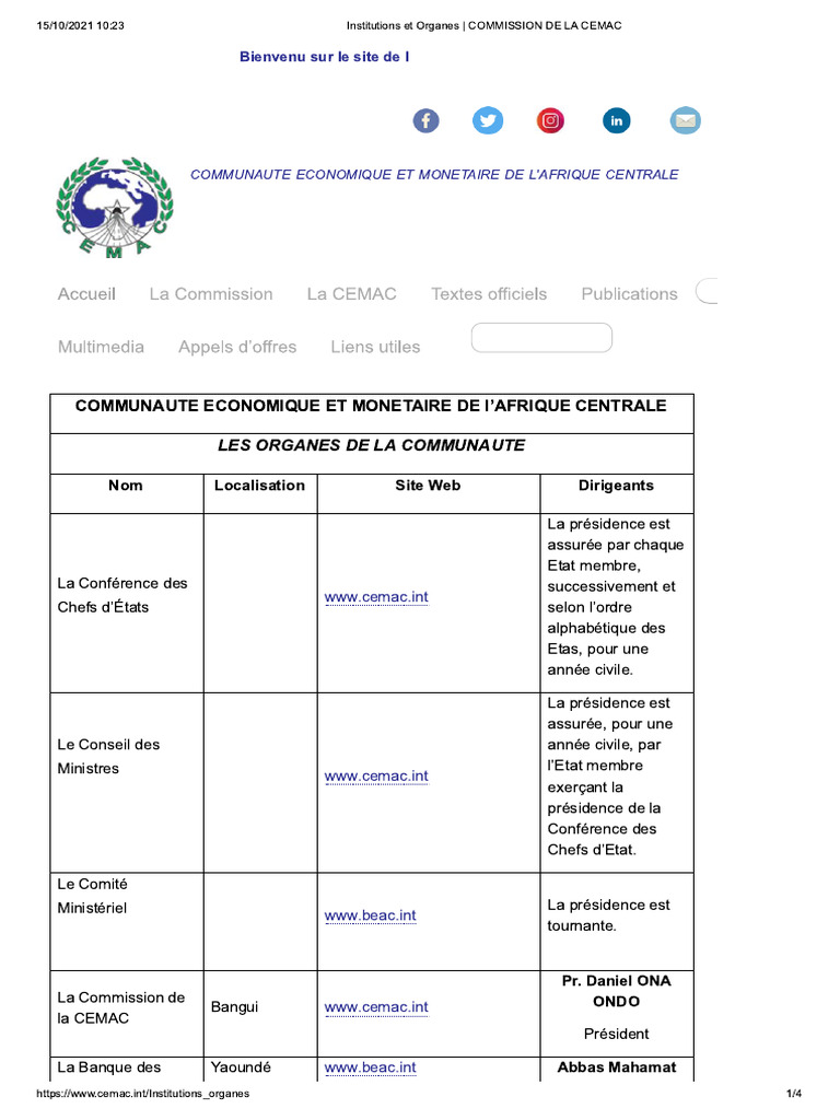 Institutions Et Organes - COMMISSION DE LA CEMAC | PDF