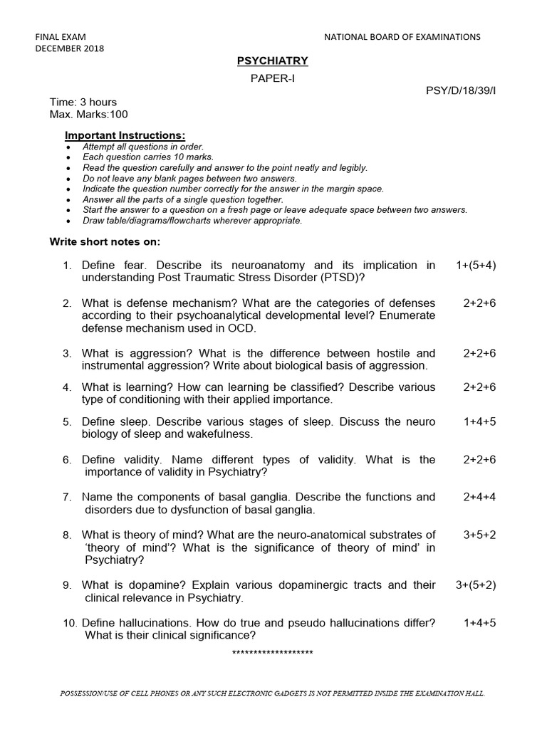 DNB Prev Years Questions | PDF | Mental Disorder | Psychiatry