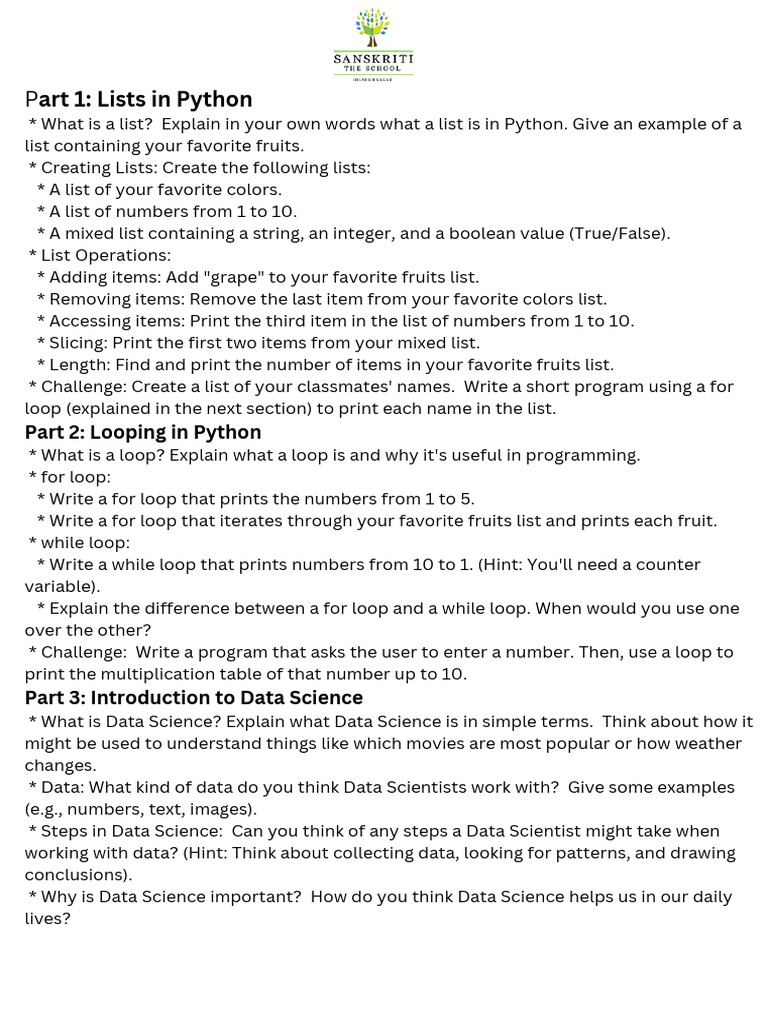 Python, Data Science, and AI A Worksheet for Grade 8 This worksheet ...