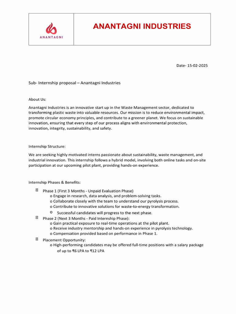 Internship Proposal - Anantagni Industries PDF | PDF
