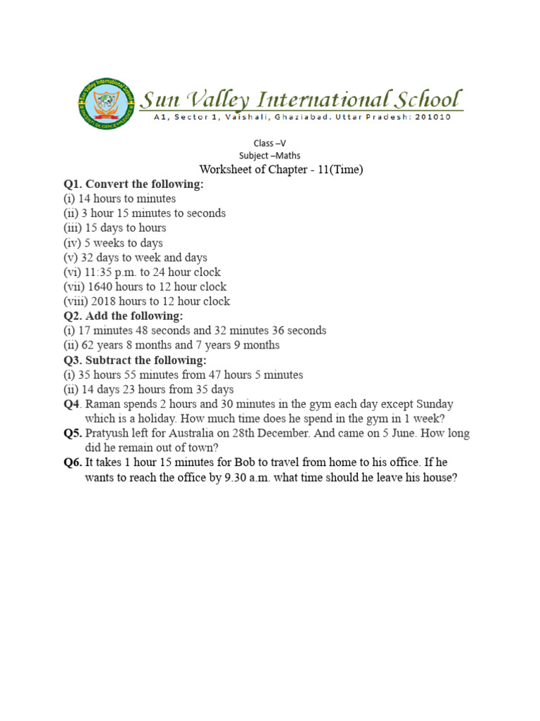 Class V Maths Worksheet on Time | PDF