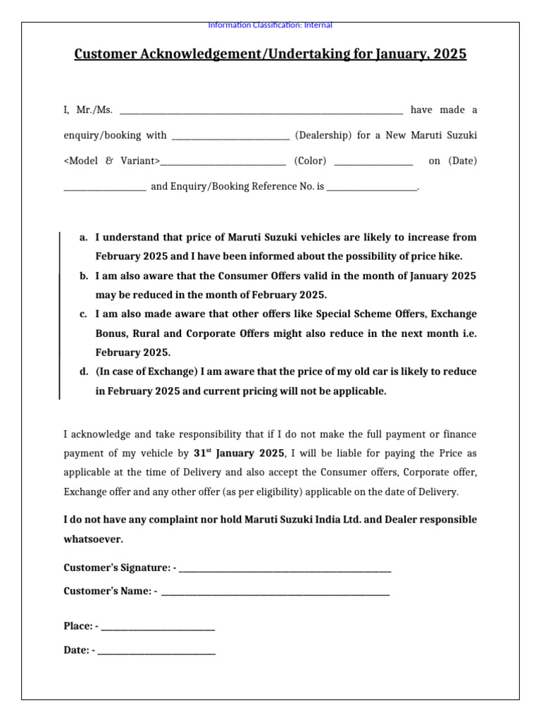 Customer Acknowledgement for Booking | PDF