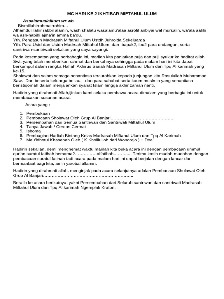 MC Hari Pertaman Ikhtibar Miftahul Ulum | PDF