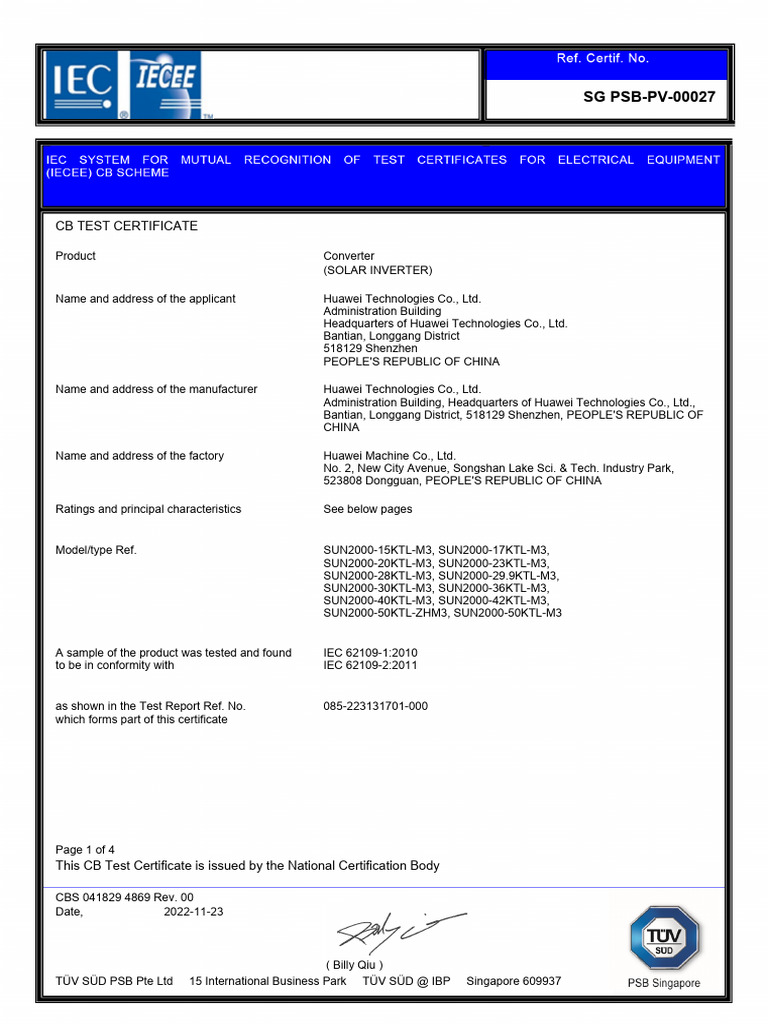 CB Test Certificate: SG PSB-PV-00027 | PDF | Alternating Current | Ac Power