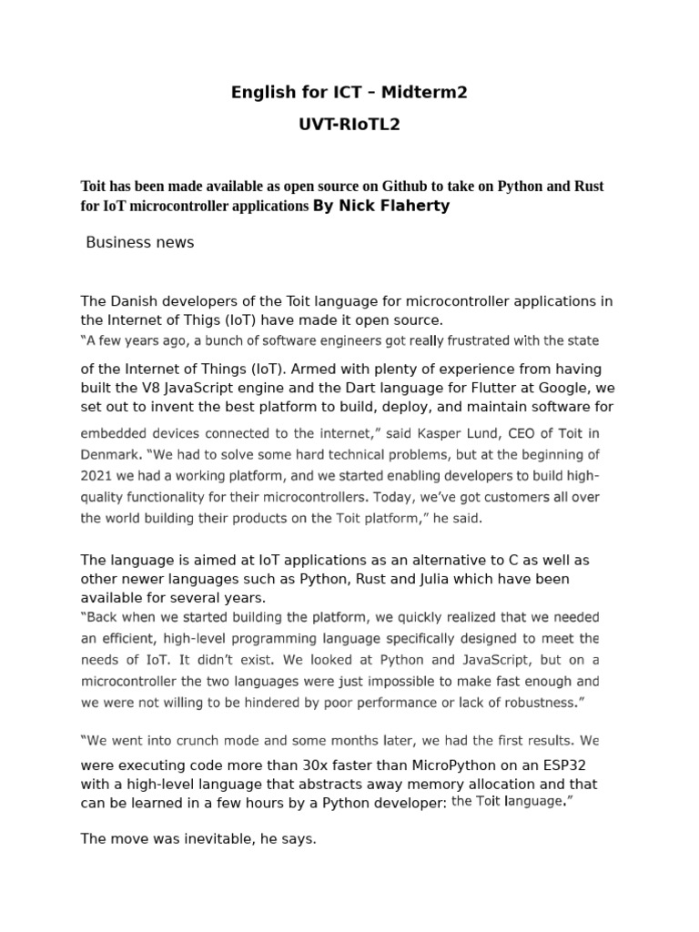 English For ICT Midterm RIoTL2-Feb2025 | PDF | Computer Engineering | Software Engineering