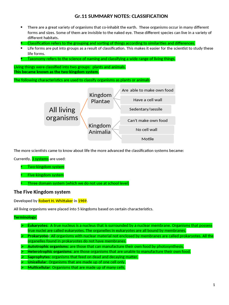 AClassification Notes | PDF | Cell (Biology) | Biology