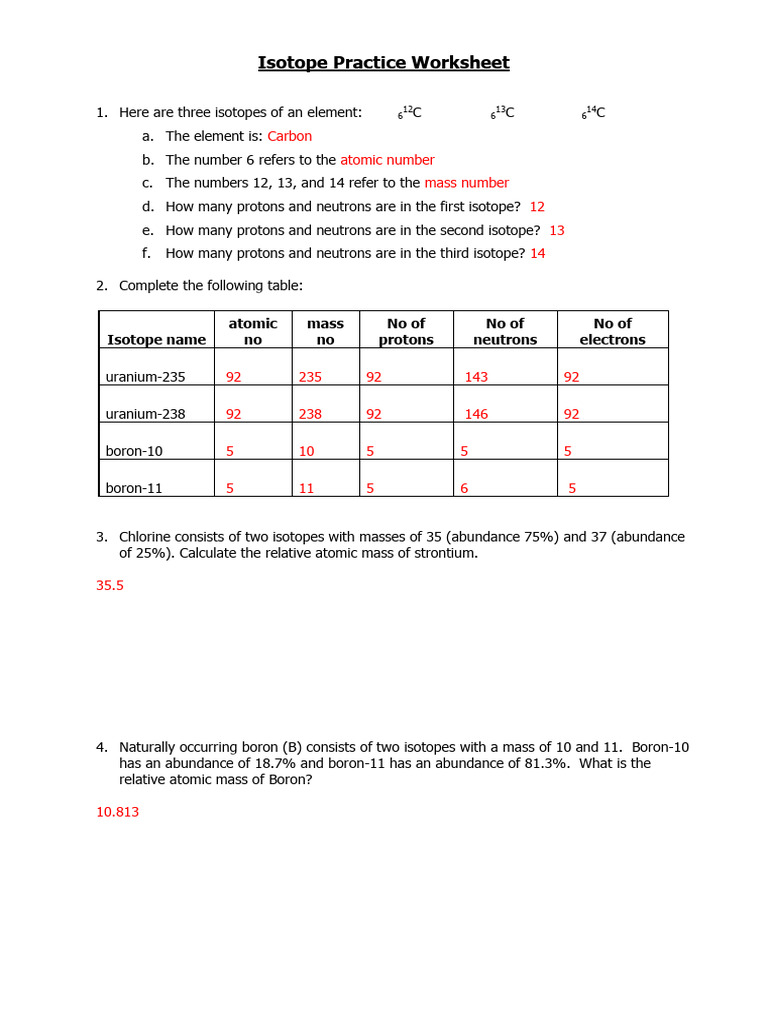 Isotope Practice and Mole Calculations | PDF | Isotope | Mole (Unit)