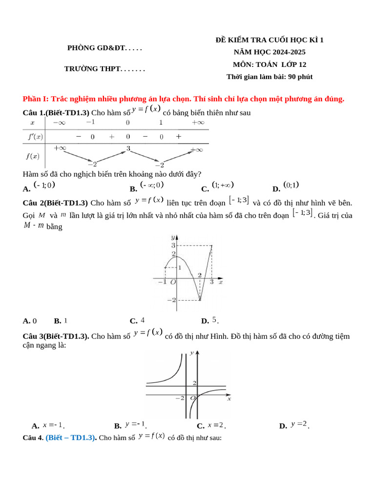 De Thi Hk1 Toan 12 CTST | PDF