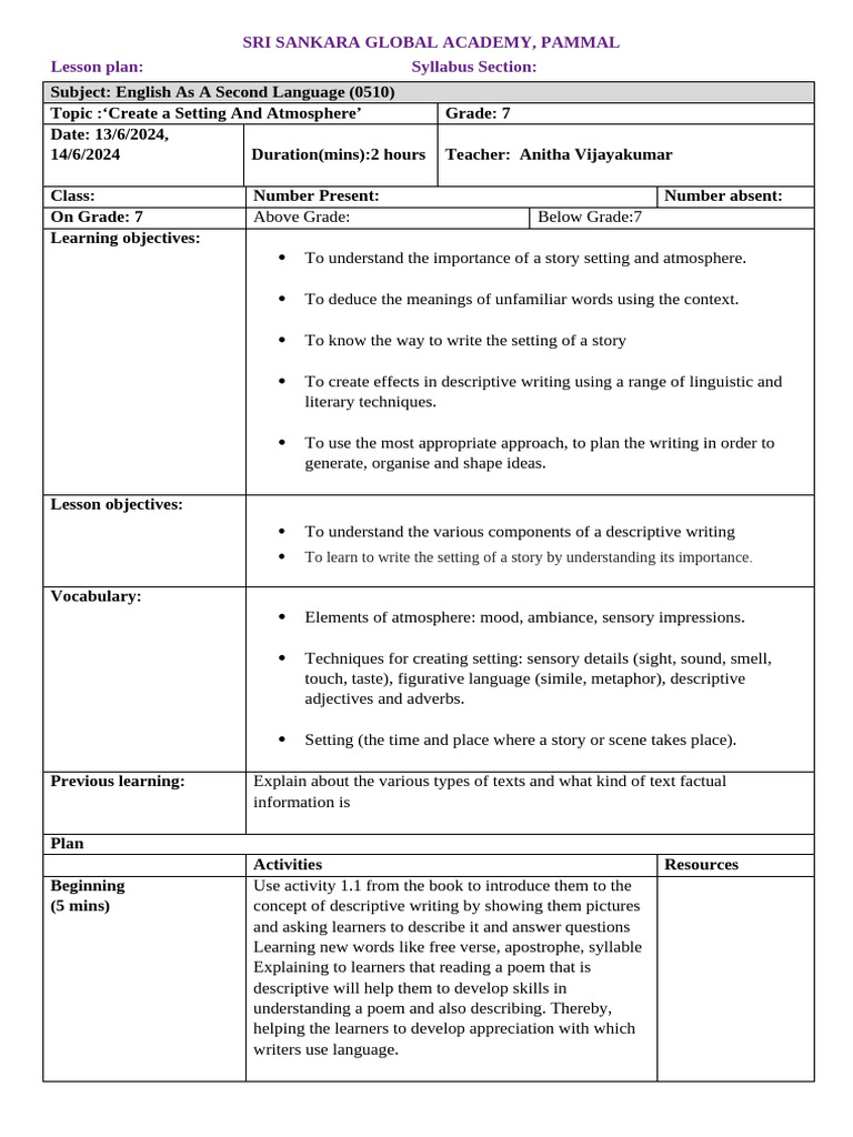 Lesson Plan For Grade 7 Descriptive Writing (CH) | PDF | Reading ...