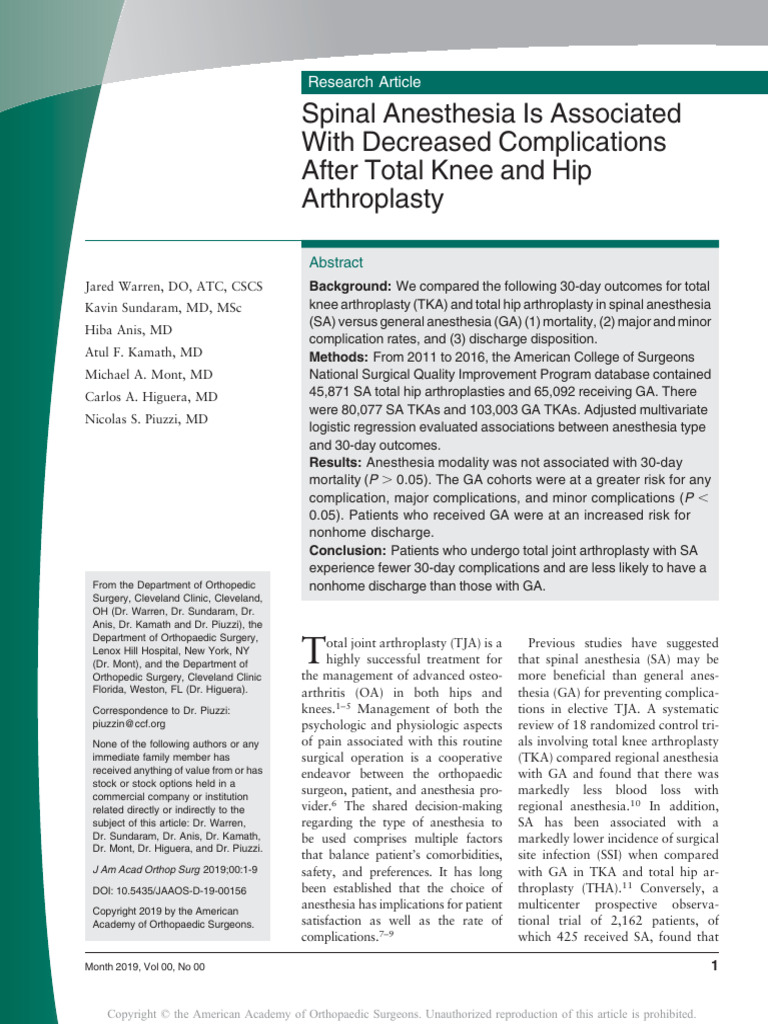 Spinal Anesthesia Is Associated With Decreased Complications After ...