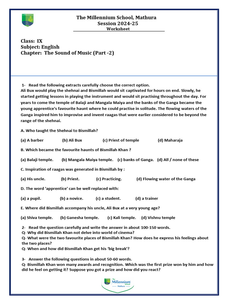 Class IX English: The Sound of Music Worksheet | PDF
