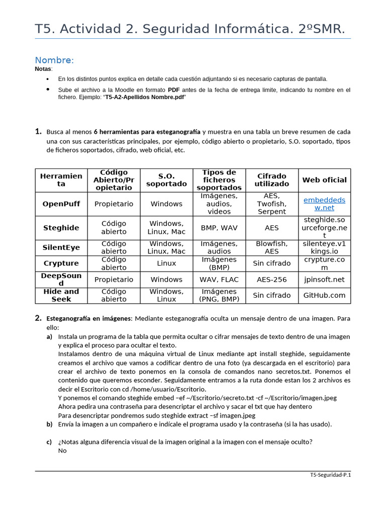 T5-Actividad2 Esteganografia | PDF | Archivo de computadora | Cifrado