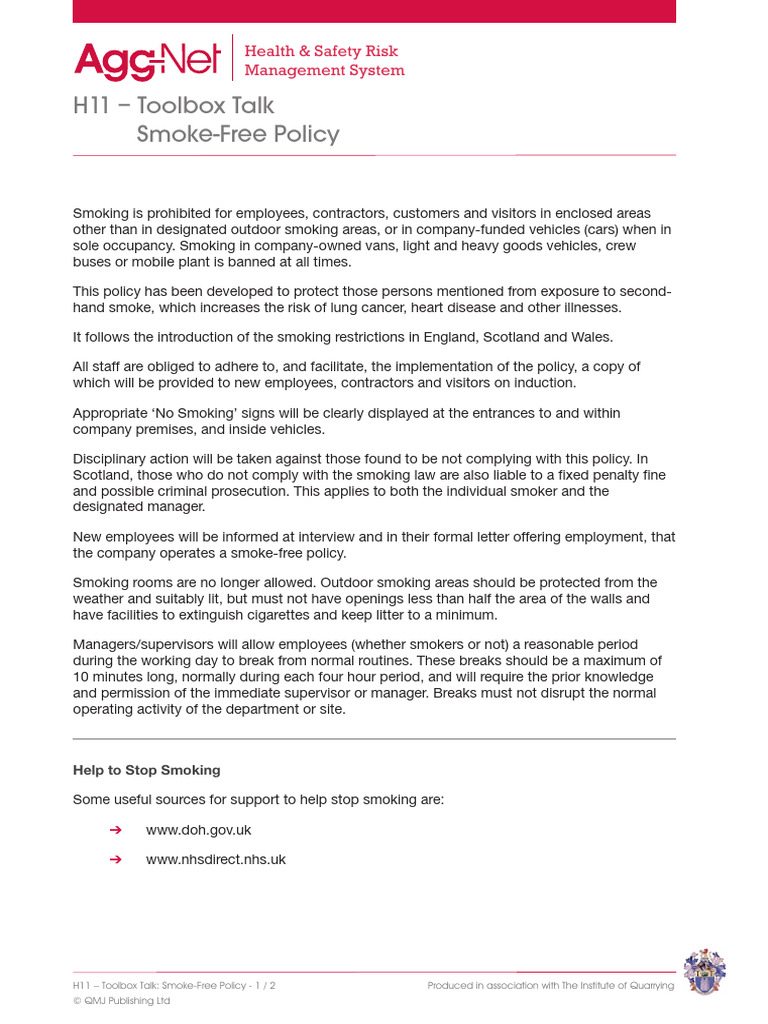 Smoke-Free Policy Toolbox Talk | PDF | Tobacco Smoking | Addiction