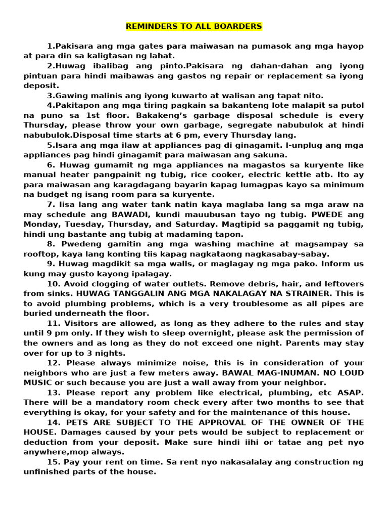 REMINDERS TO ALL BOARDERS nov 2024 | PDF