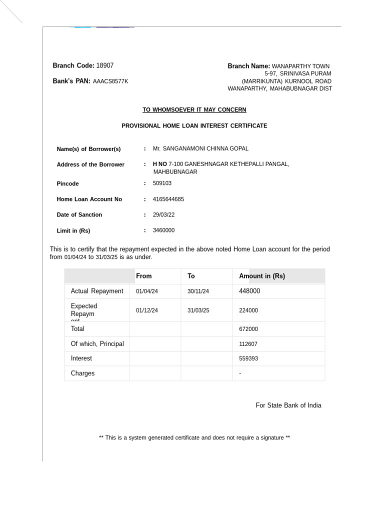Provisional Home Loan Interest Certificate | PDF