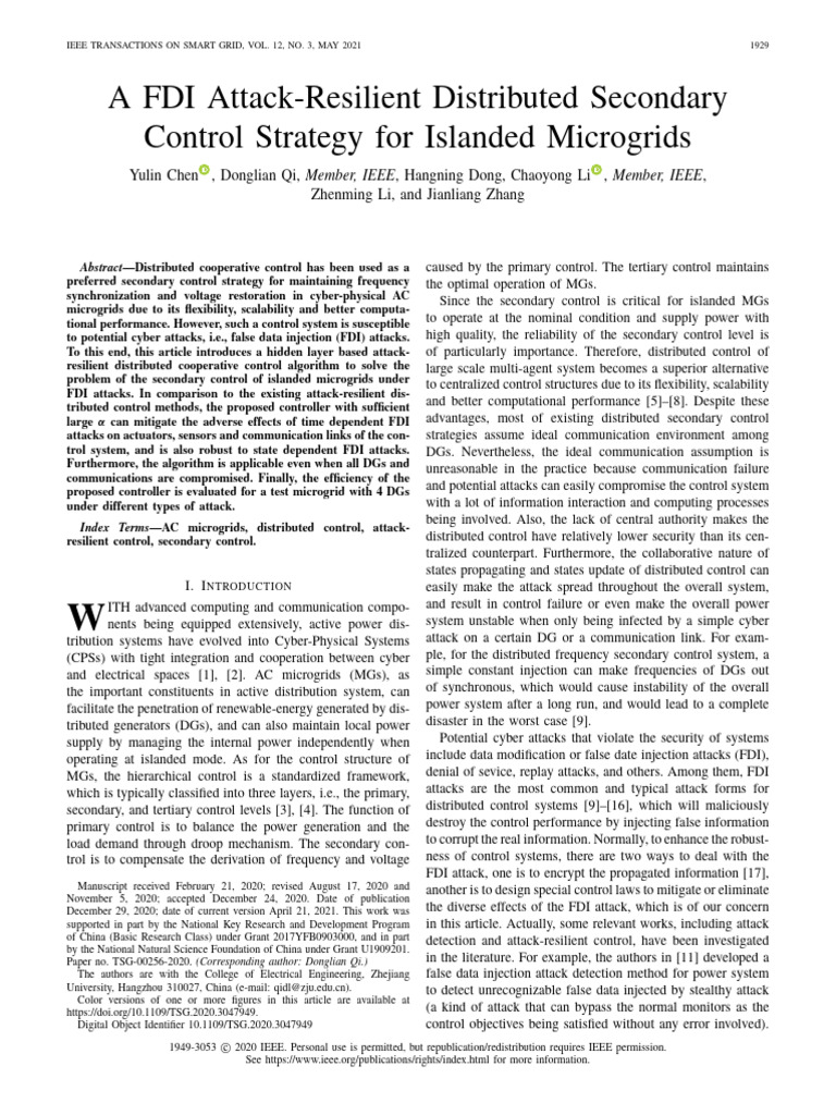 A FDI Attack-Resilient Distributed Secondary Control Strategy For Islanded Microgrids | PDF ...