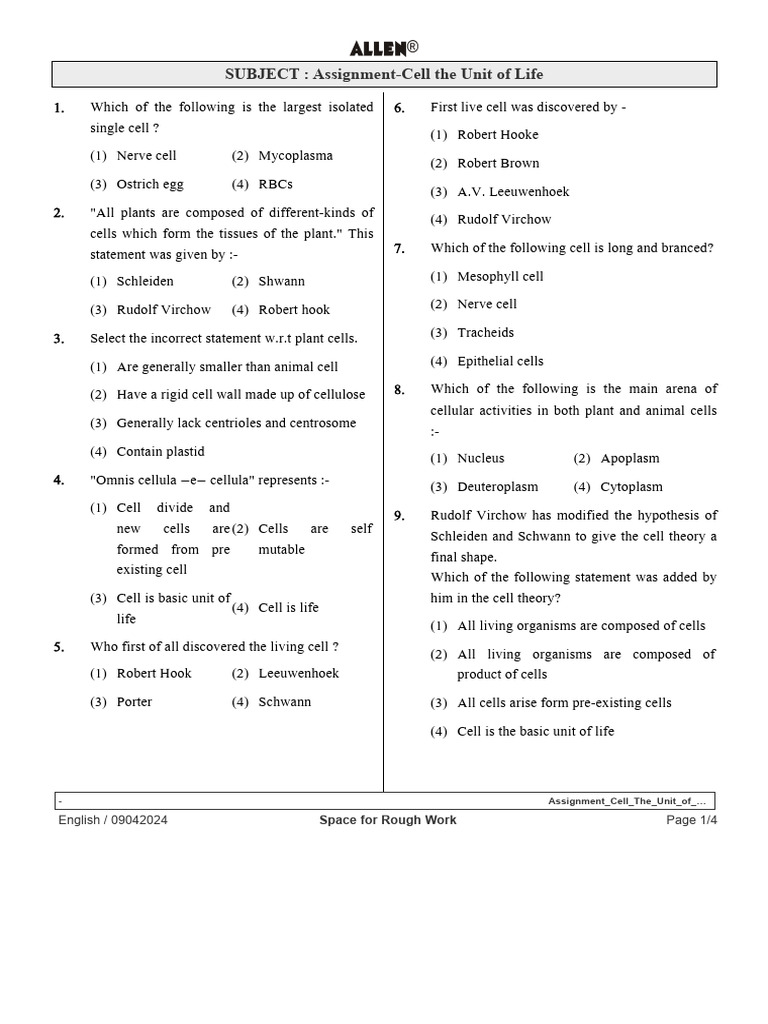Assignment Cell The Unit of Life 2-Allen | PDF | Endoplasmic Reticulum ...