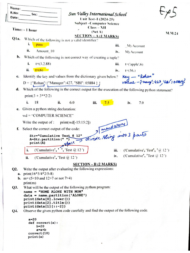 Class 12 Cs Set - A Ans Key | PDF