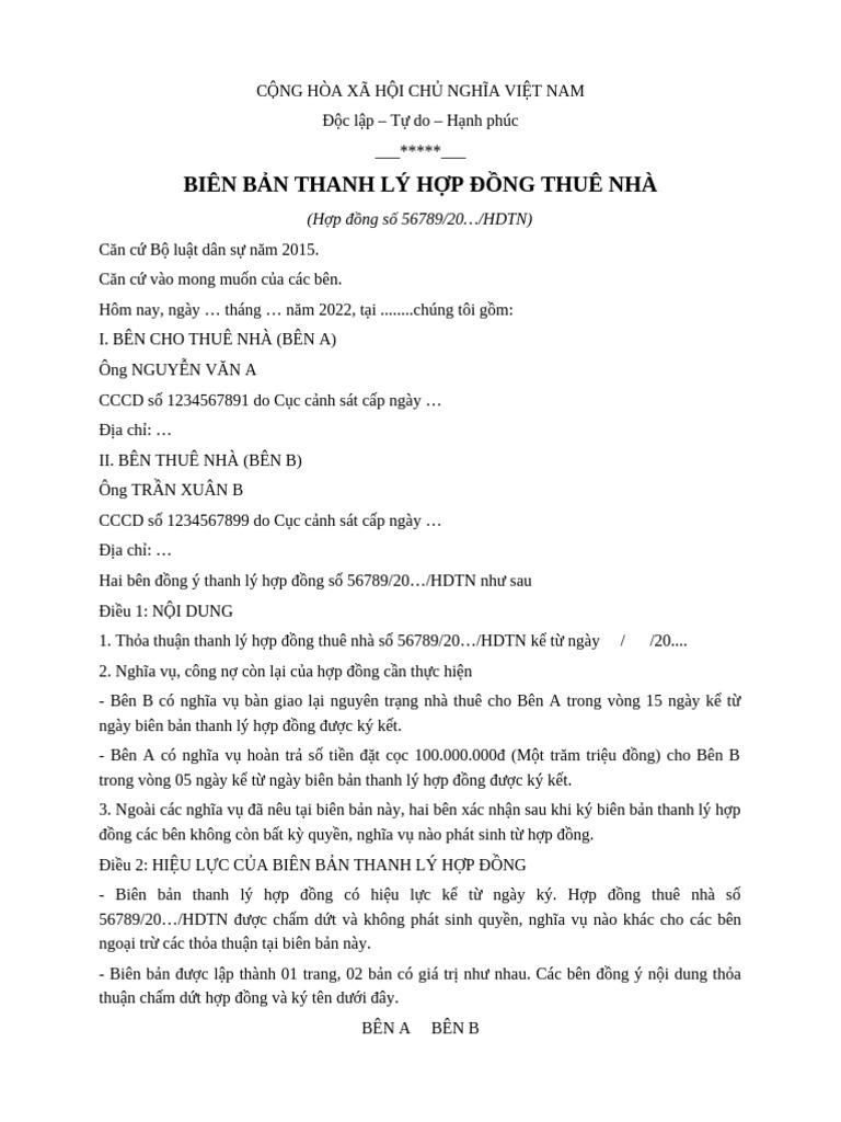 Bien Ban Thanh Ly Hop Dong Thue Nha(1) | PDF