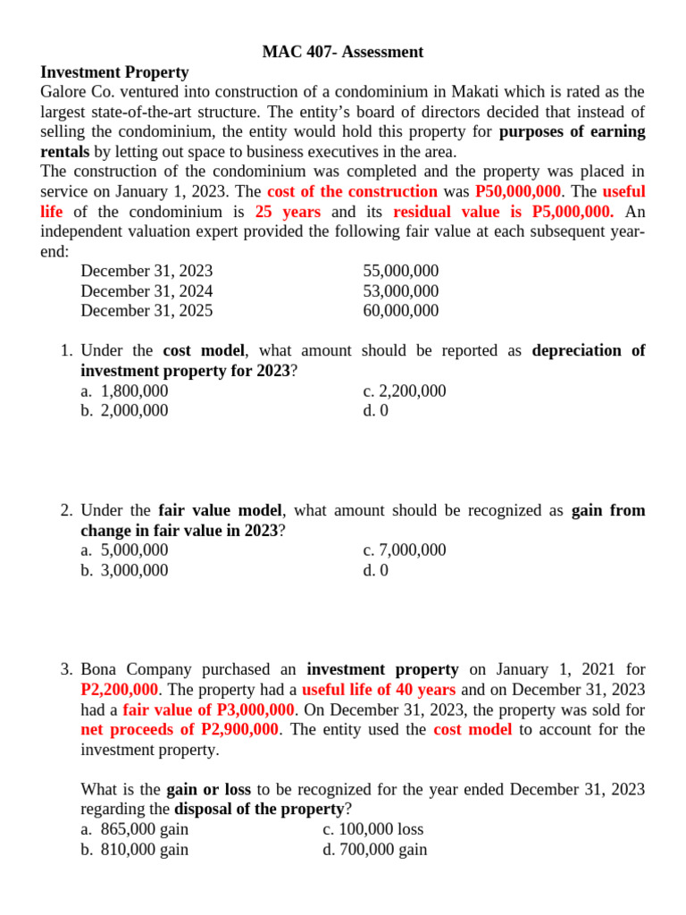 Assessment Investment Property Intangible Assets 2025 | PDF | Depreciation | Investing