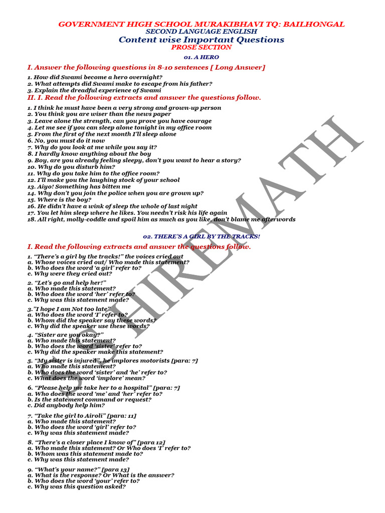 10th Lesson Wise Imp Qns | PDF