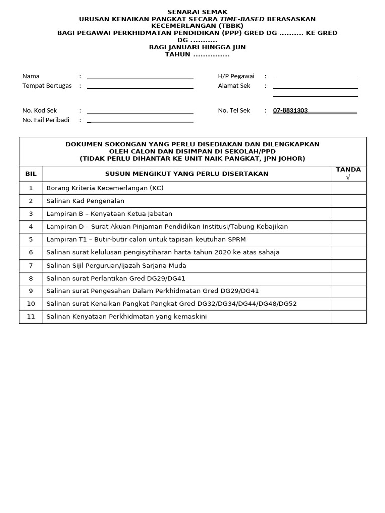 Senarai Semak Borang TBBK | PDF