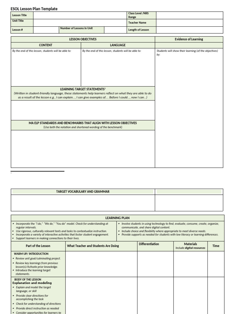 esol-lesson-plan-template | PDF | Learning | Procedural Knowledge