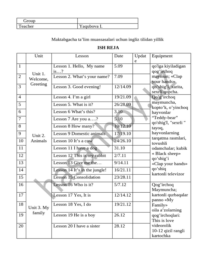 MTM Ingliz Tili Ish Reja | PDF