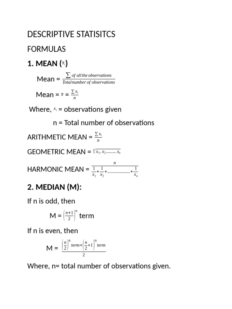 Desc stat formula | PDF | Skewness | Mathematical Analysis
