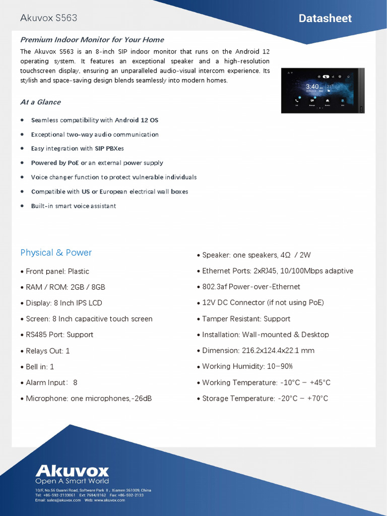 Akuvox S563 Gray Datasheet - V3.0 | PDF | Touchscreen | Session Initiation Protocol