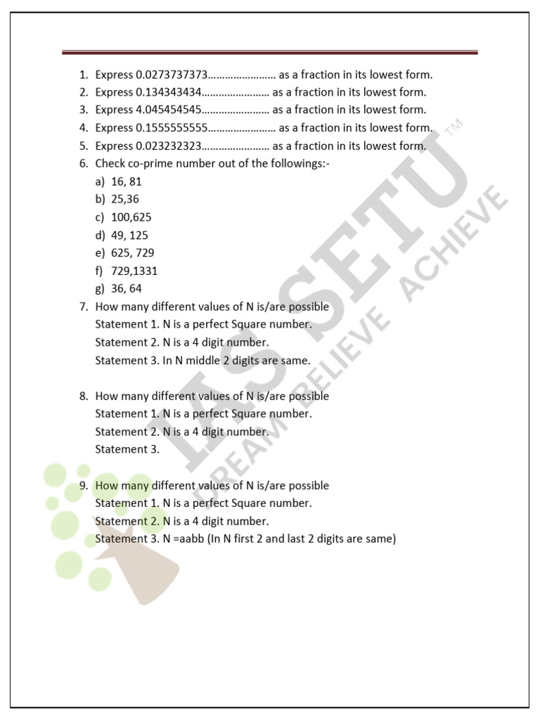 Class Test (Recurring Decimal and Squares) | PDF