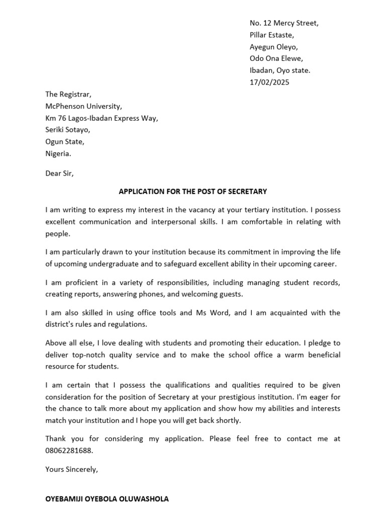 SECRETARY Application Letter - 041813 | PDF