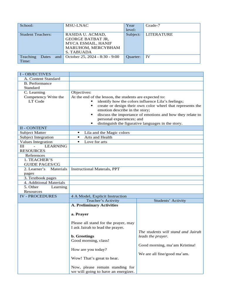 Grade 7 Literature Lesson Plan: Emotions & Colors | PDF | Paintings ...