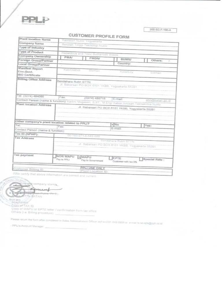 Cutomer Profile Form Manifest Limbah Ke PPLi | PDF