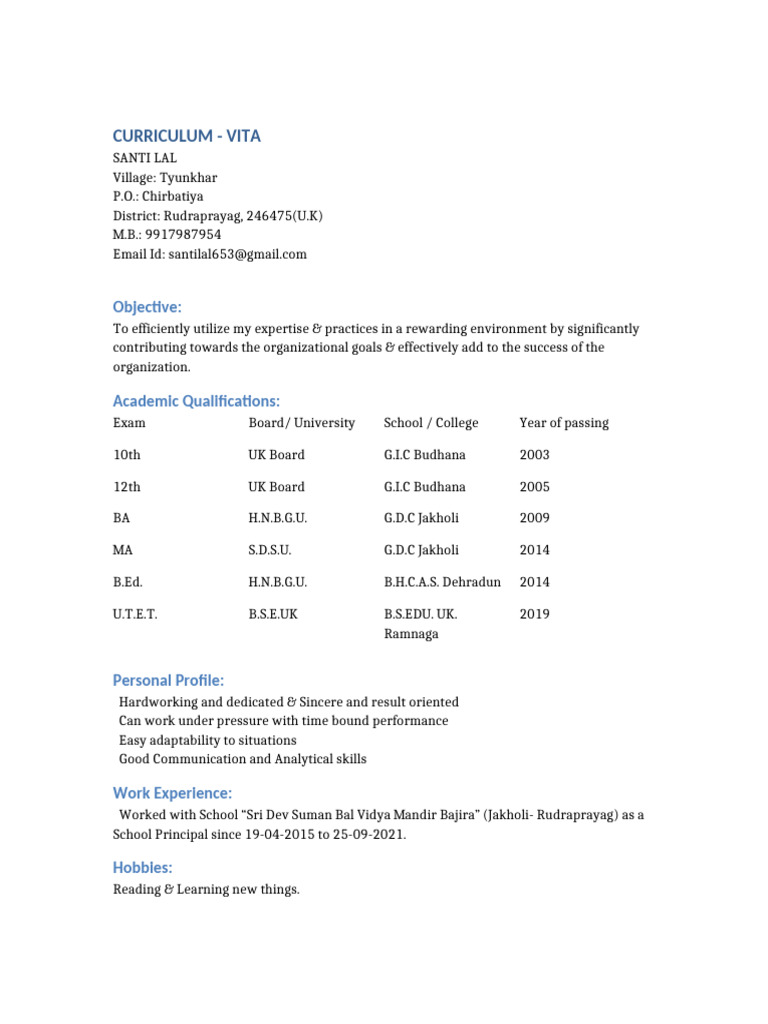 Santi Lal's CV: Education & Experience | PDF