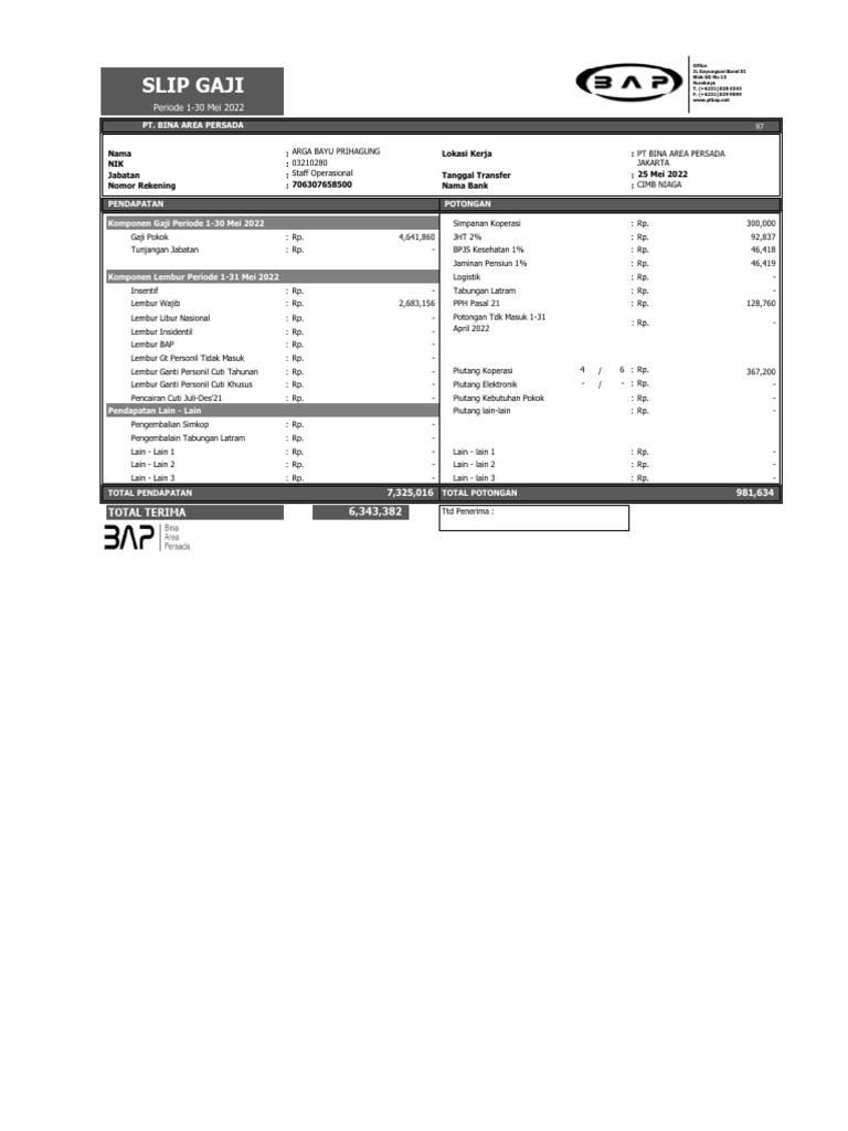 Slip Gaji Mei 2022 PT Bina Area Persada | PDF
